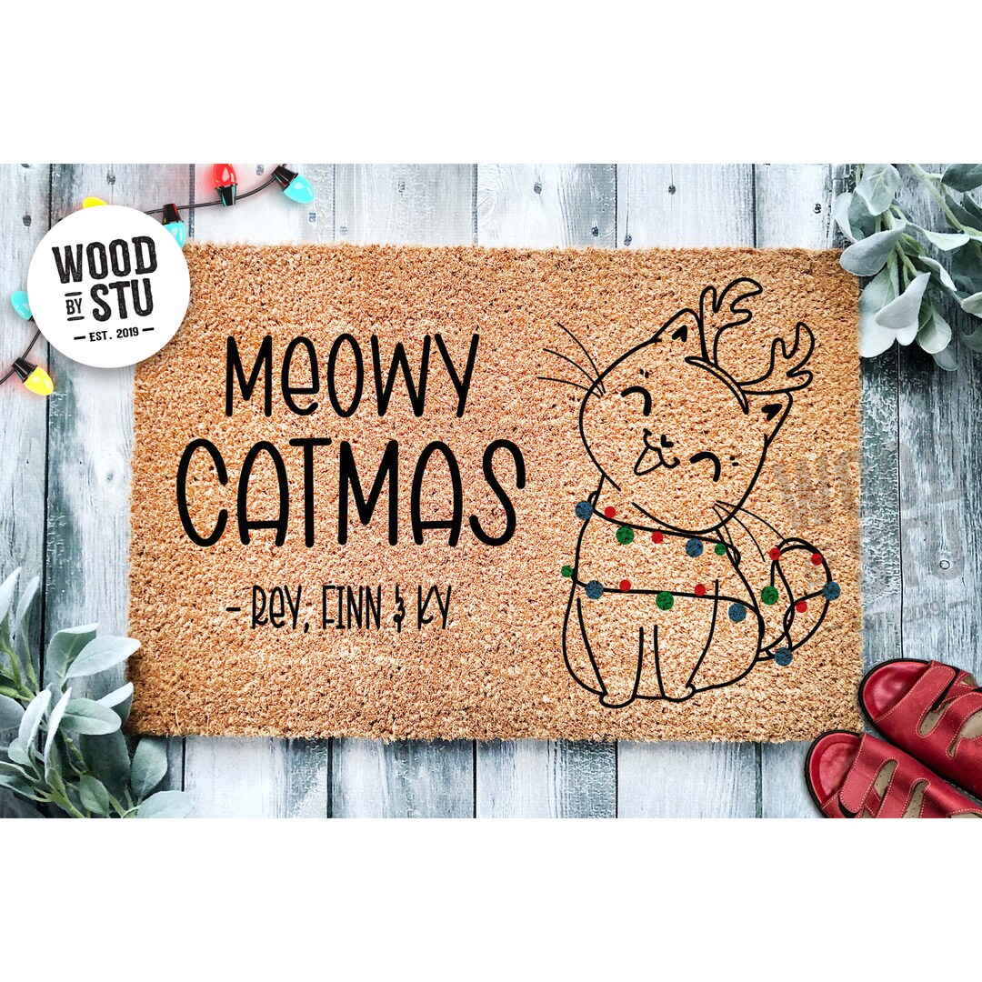 Custom Doormat Colorful Lights Meowy Christmas Pet Names Door Mat Cat ...