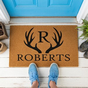 Initial R Monogram Antler Personalized Doormat, Custom Front Porch ...