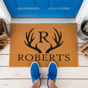 Initial R Monogram Antler Personalized Doormat, Custom Front Porch ...