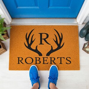 Initial R Monogram Antler Personalized Doormat, Custom Front Porch ...