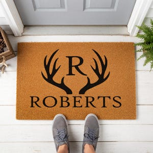 Initial R Monogram Antler Personalized Doormat, Custom Front Porch ...