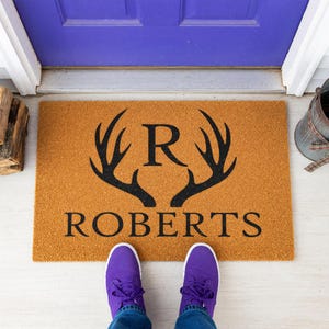 Initial R Monogram Antler Personalized Doormat, Custom Front Porch ...