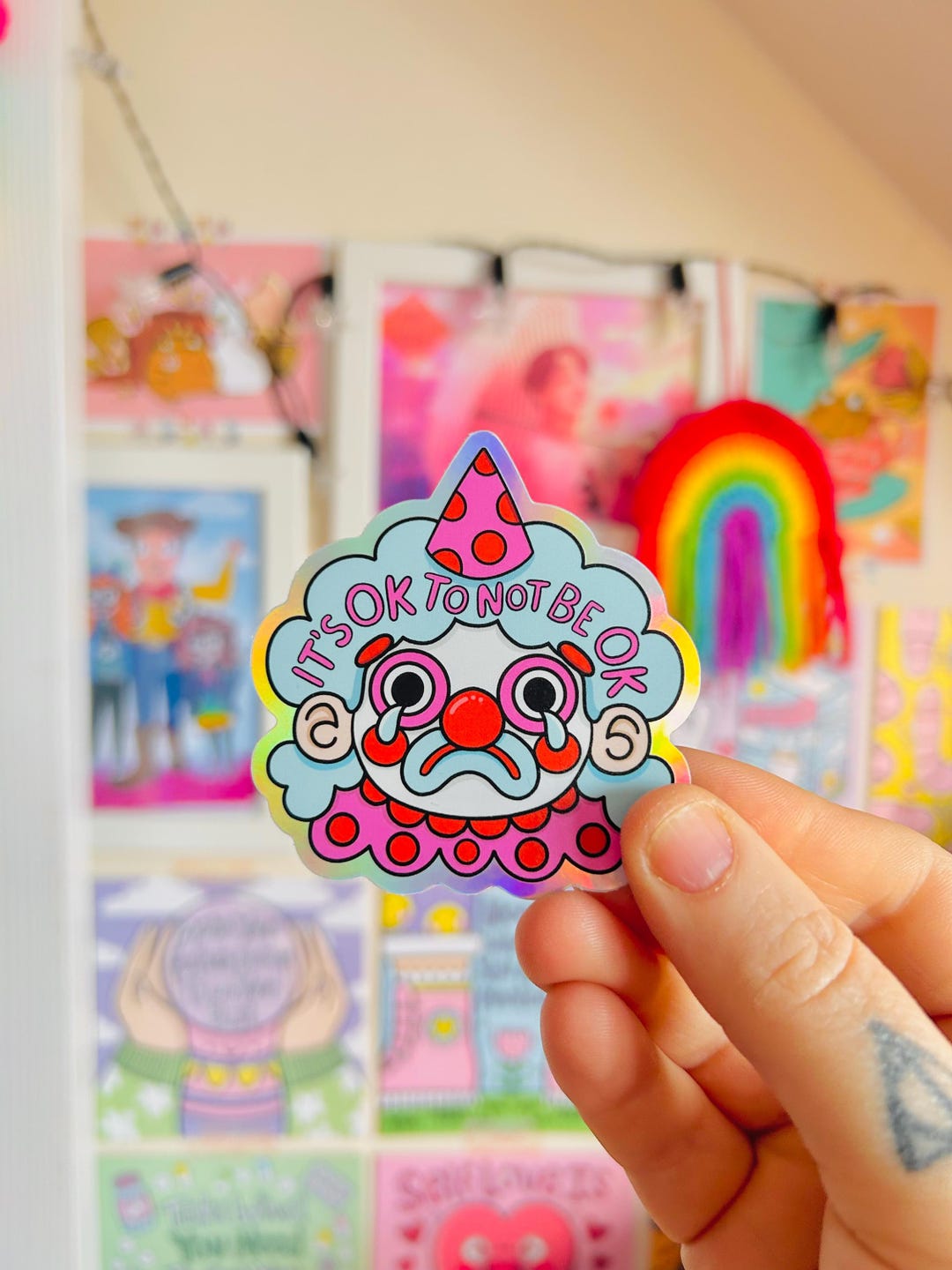 It's OK to Not Be : Sad Clown Rainbow Holographic Sticker - Waterproof ...