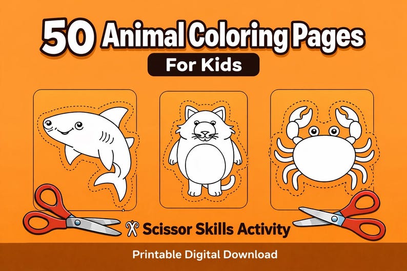 50 Animal Coloring Pages for Kids, Scissor Skills Activity (printable ...