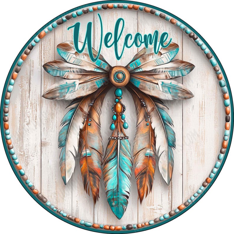 Feathers and Turquoise Bow Wreath Sign, Native American Wreath Sign ...