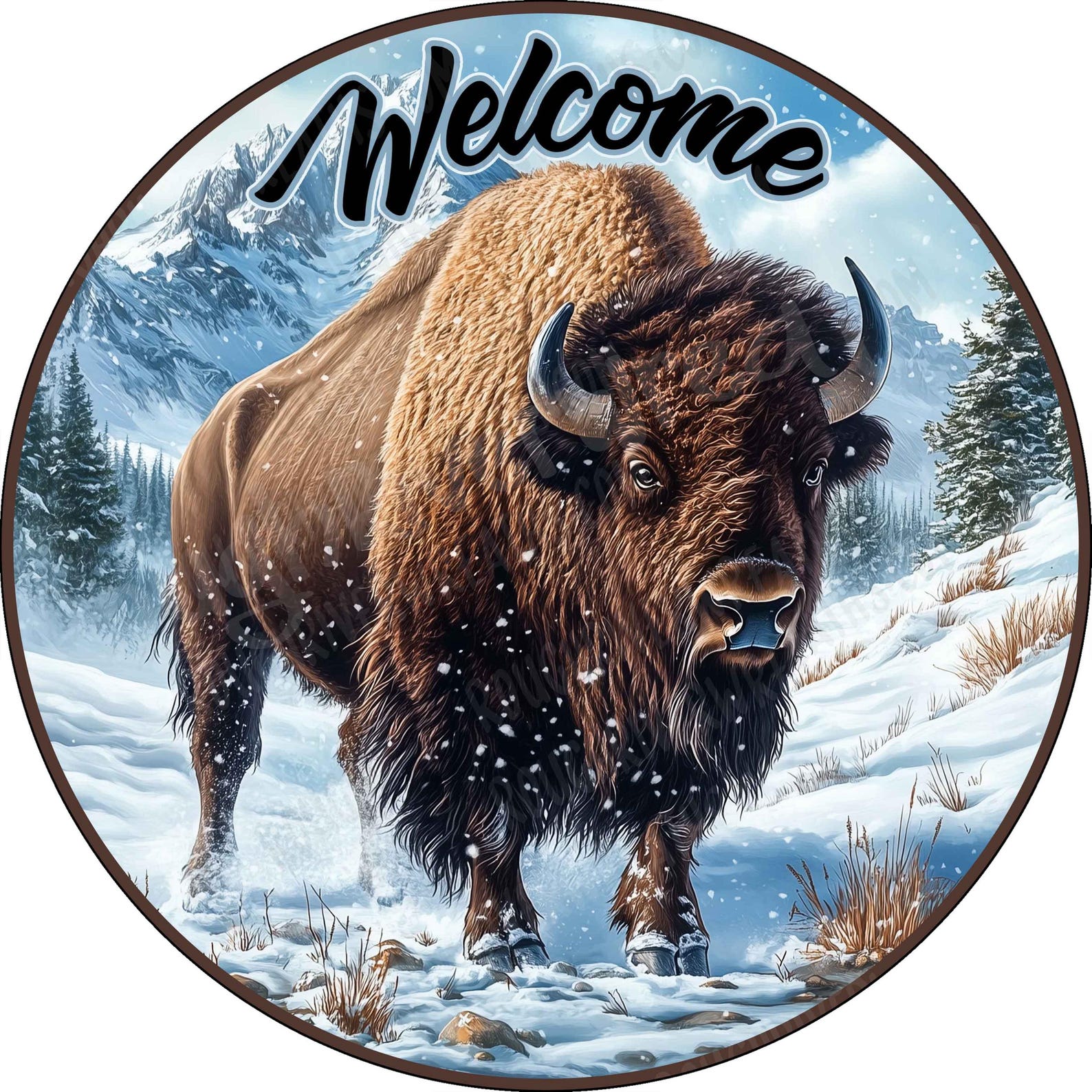 Winter Bison Wreath Sign, Southwest Sign, Buffalo in Snow Sign ...