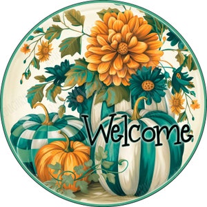 Teal and White Stripe Pumpkin Wreath Sign, Fall Sign, Pumpkin Wreath ...