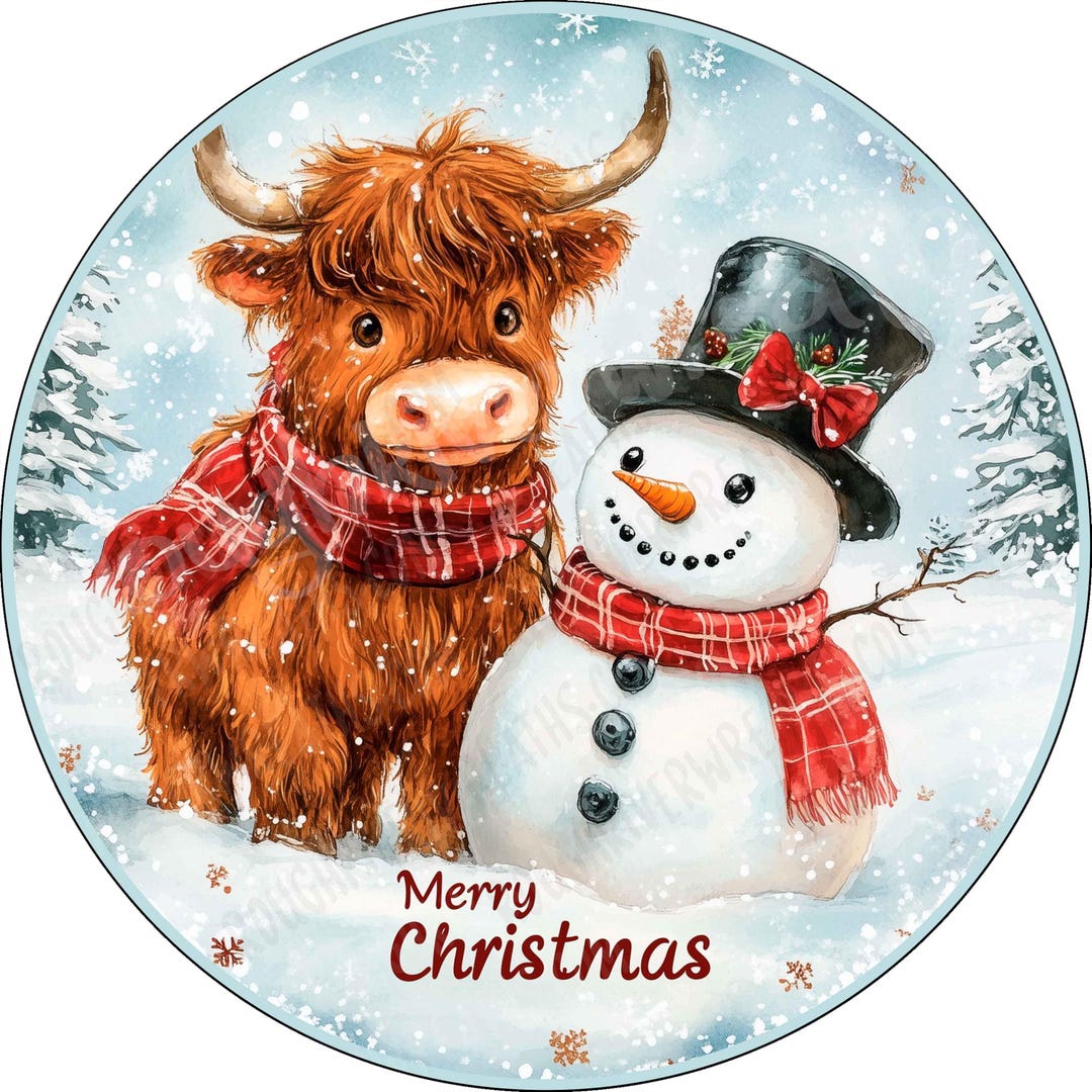 Snowman With Highland Cow Wreath Sign, Snowman, Winter Snowman Wreath ...