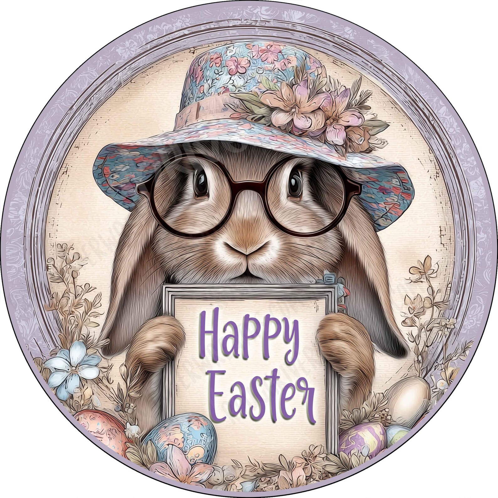 Welcome Bunny Rabbit Wearing Glasses and Hat Aluminum Wreath Sign ...