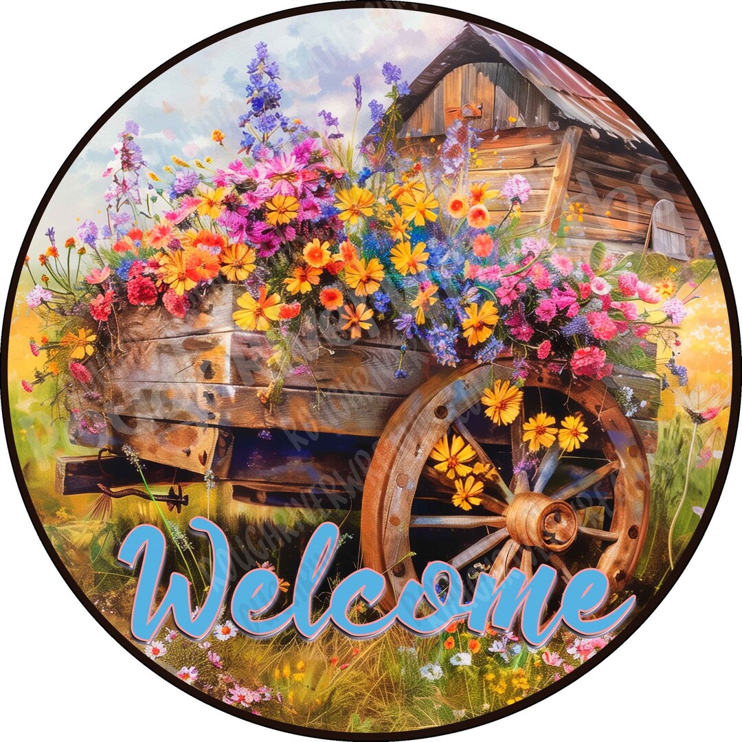 Flower Wagon Wreath Sign, Flower Welcome Wreath Sign, Flower Cart Sign ...