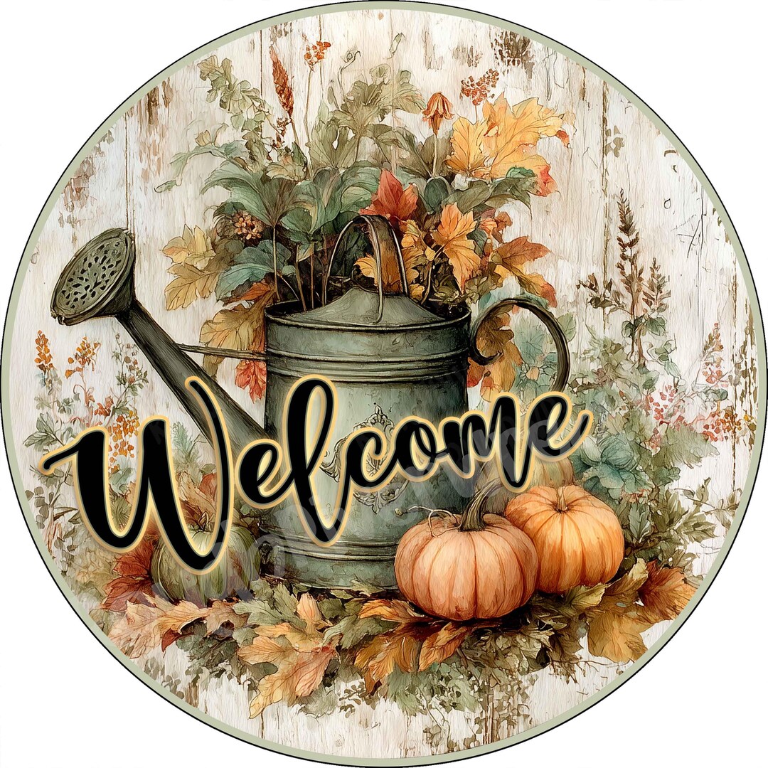 Vintage Feel Fall Flower Watering Can Wreath Sign, Floral Welcome Sign ...