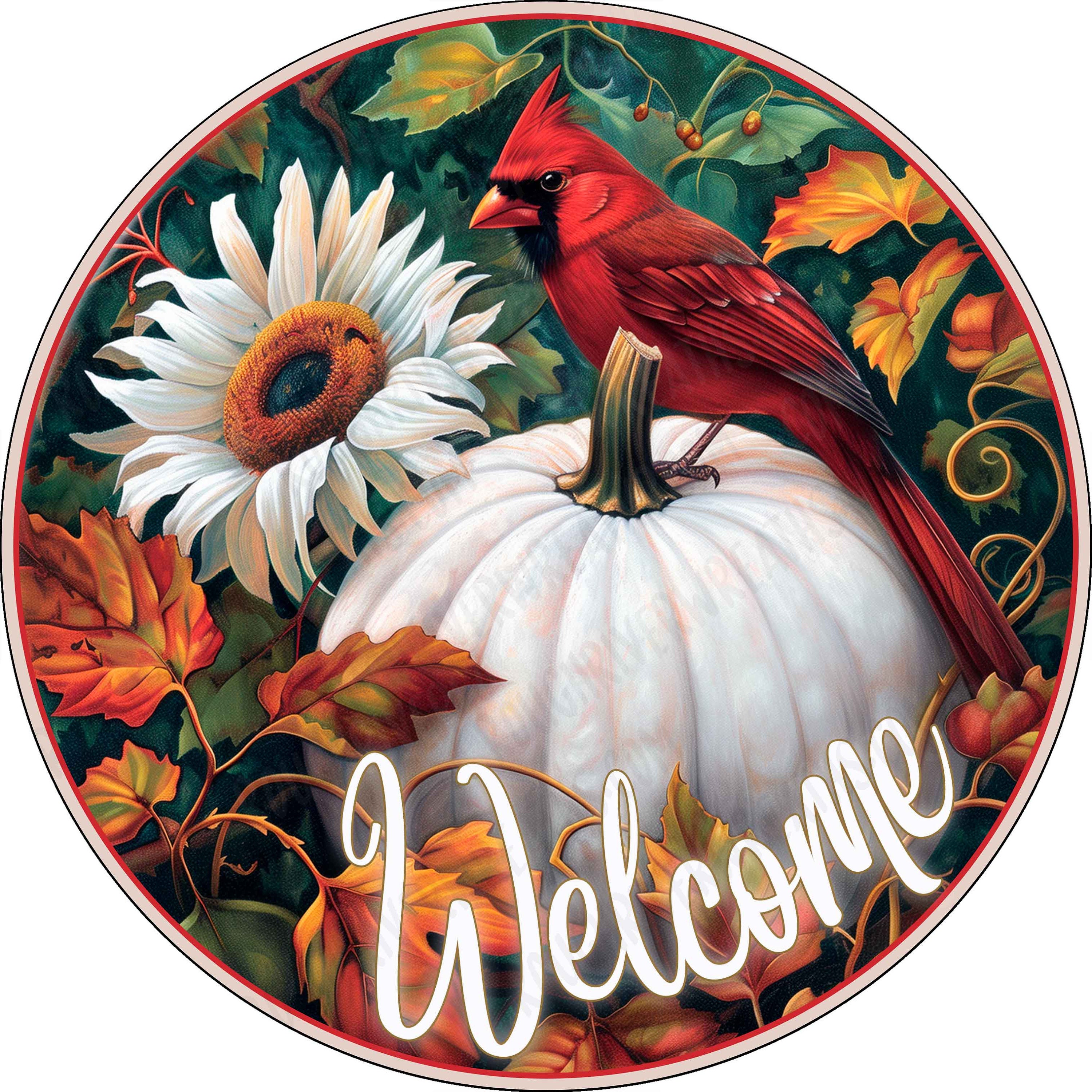 Cardinal Pumpkin Wreath Sign, Cardinal Fall Sign, White Pumpkin Sign ...