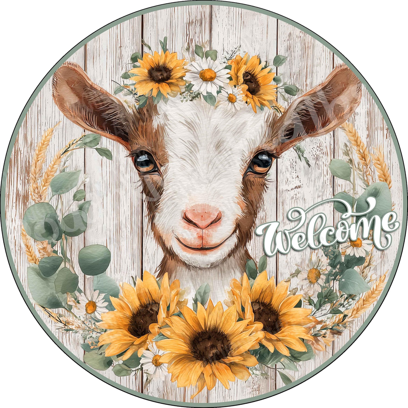 Goat With Sunflowers and Daisies Aluminum Wreath Sign, Home Decor ...