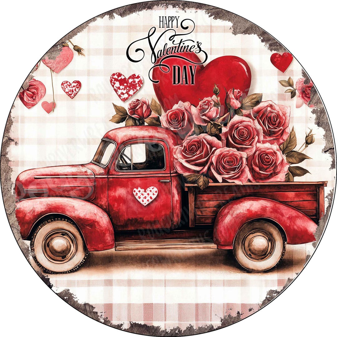 Valentine Truck Wreath Sign, Red Truck Hearts Roses Sign, Roses Hearts ...