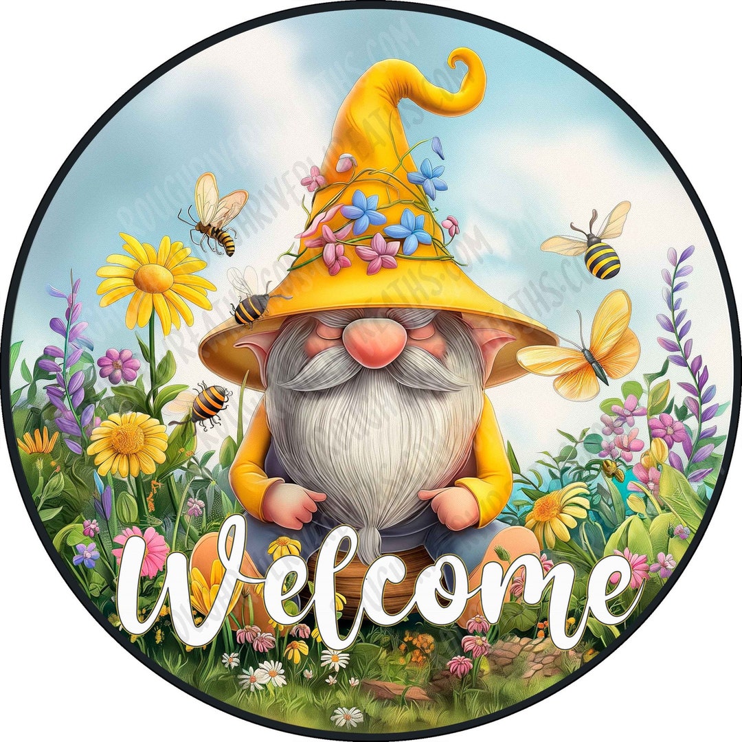 Gnome Wreath Sign, Wildflowers Gnome Welcome Sign, Garden Wreath Sign ...