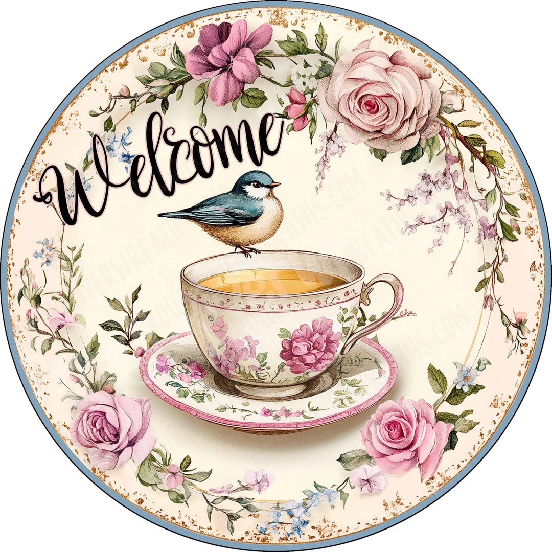 Vintage Bird & Teacup Wreath Sign, Floral Welcome Wreath Sign, Aluminum ...