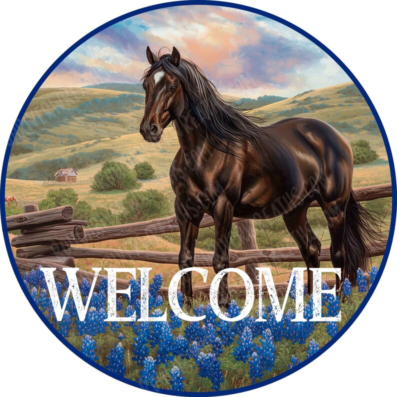 Horse Wreath Sign, Country Horse Blue Bonnet Sign, Metal Wreath Sign ...