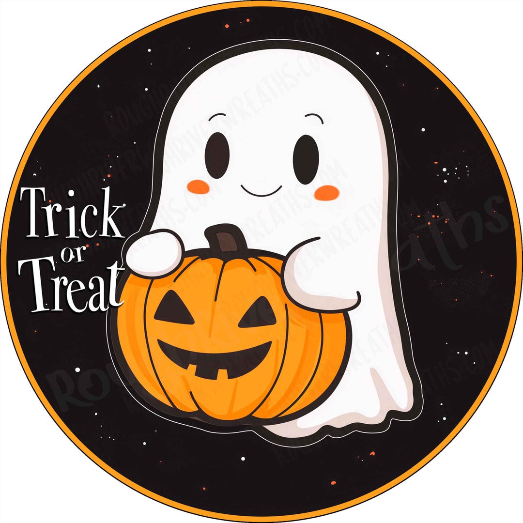 Cute Ghost Holding a Pumpkin Halloween Wreath Sign, Trick or Treat Sign ...