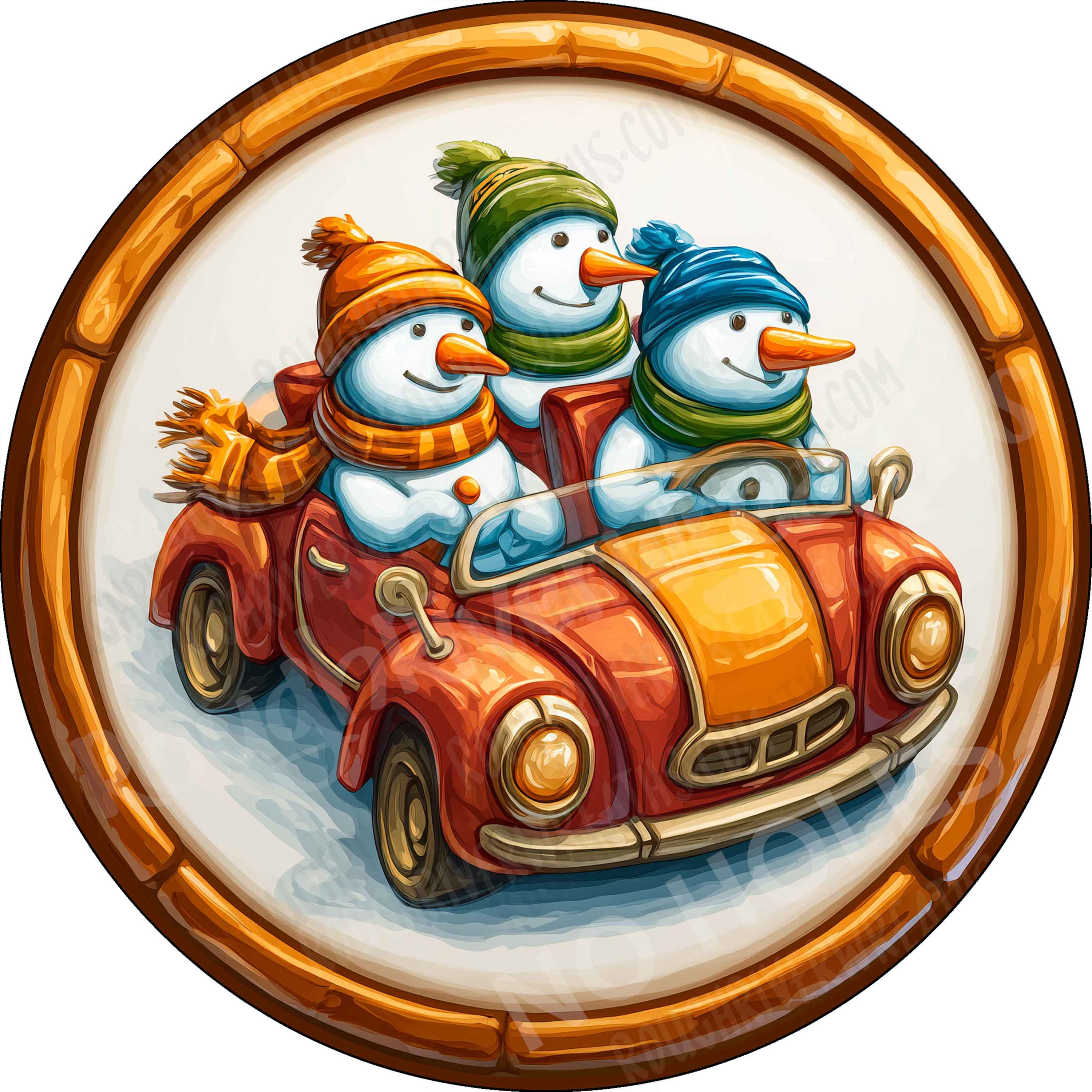 Cartoon Snowmen Driving Vintage Convertible Aluminum Wreath Sign ...