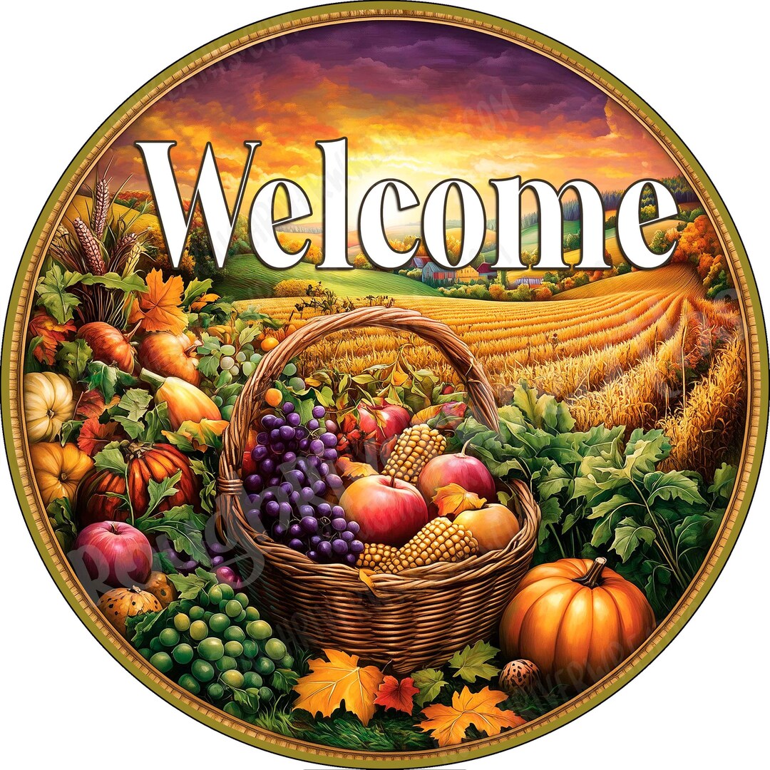 Harvest Wreath Sign, Fall Basket With Vegetables Wreath Sign, Pumpkin ...