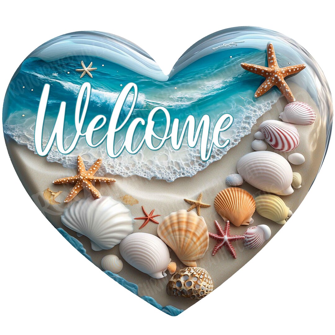 Beach Heart Shape Wreath Sign, Sea Shells Wreath Sign, Ocean Heart Sign ...
