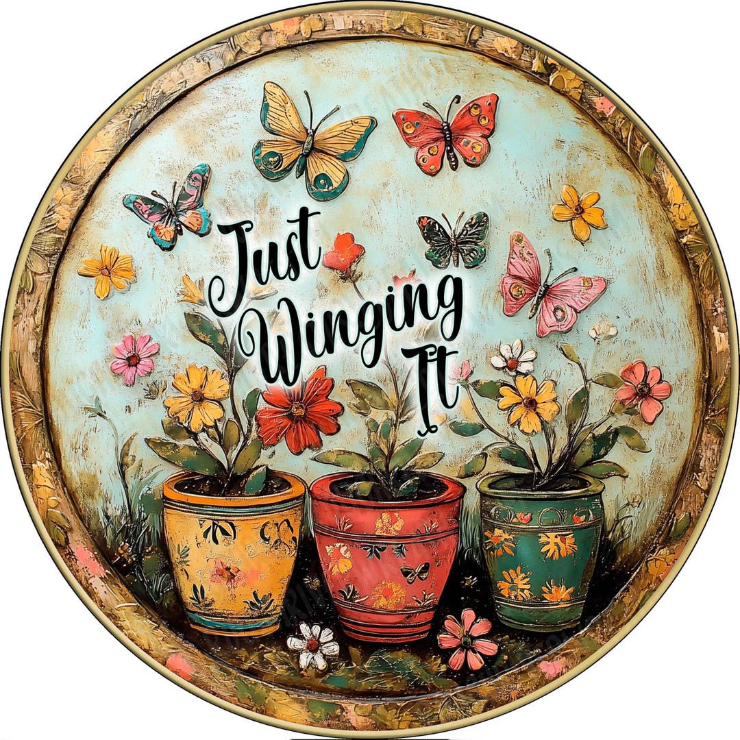 Butterfly Wreath Sign, Flower Pots Wreath Sign, Flower Wreath Sign ...