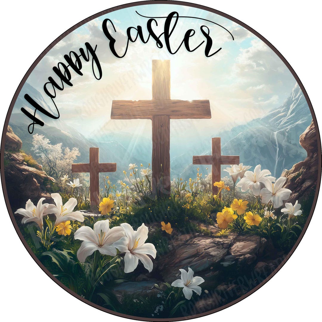 Three Wooden Crosses on Mountain Wreath Sign, Spring Sign, Easter Sign ...