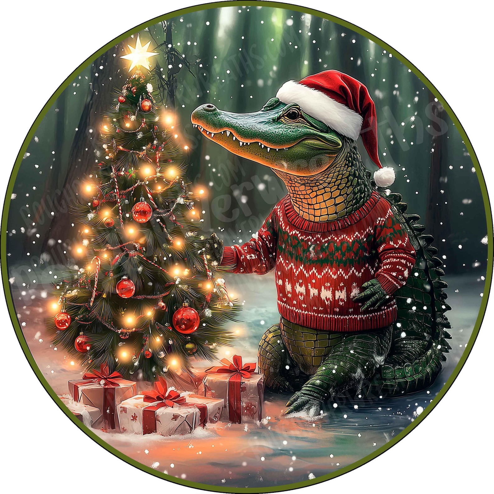 Christmas Alligator Wreath Sign, Alligator Wearing a Christmas Sweater ...