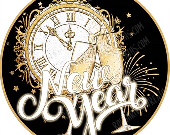 Happy New Year Round Metal Wreath Sign, New Year's Gnome Sign, Black ...