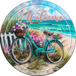 Bicycle Beach Wreath Sign, Coastal Welcome Wreath Sign, Blue Welcome ...