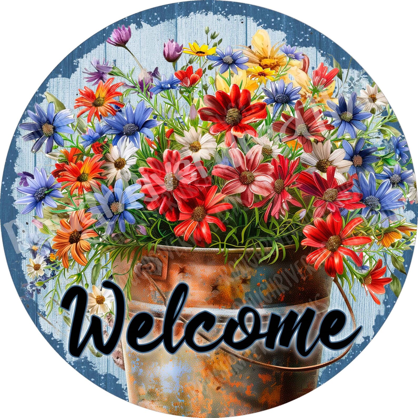 Flower Bucket Wreath Sign, Floral Welcome Wreath Sign, Colorful Welcome ...