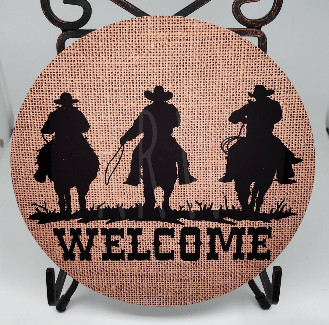 Cowboy Welcome Sign, Western Wreath Sign, Cowboy on Horse Sign, Cowboy ...