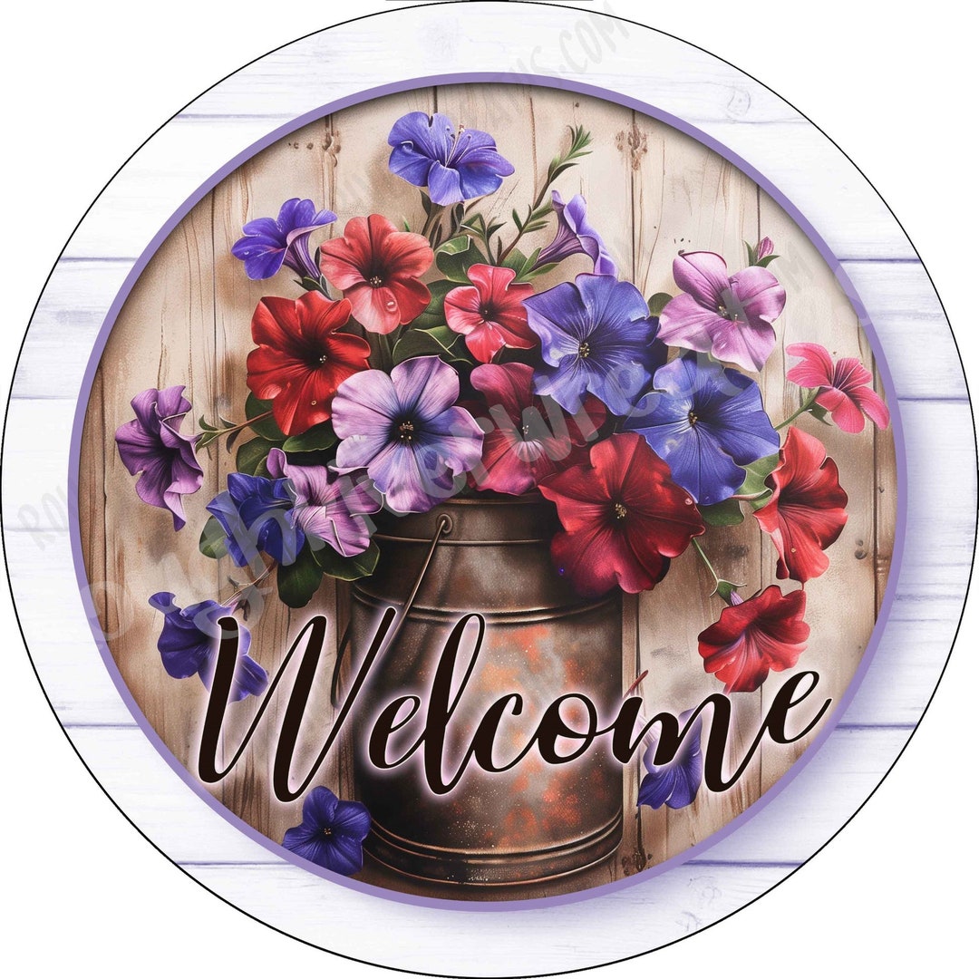 Flower Bucket Wreath Sign, Floral Welcome Wreath Sign, Colorful Welcome ...