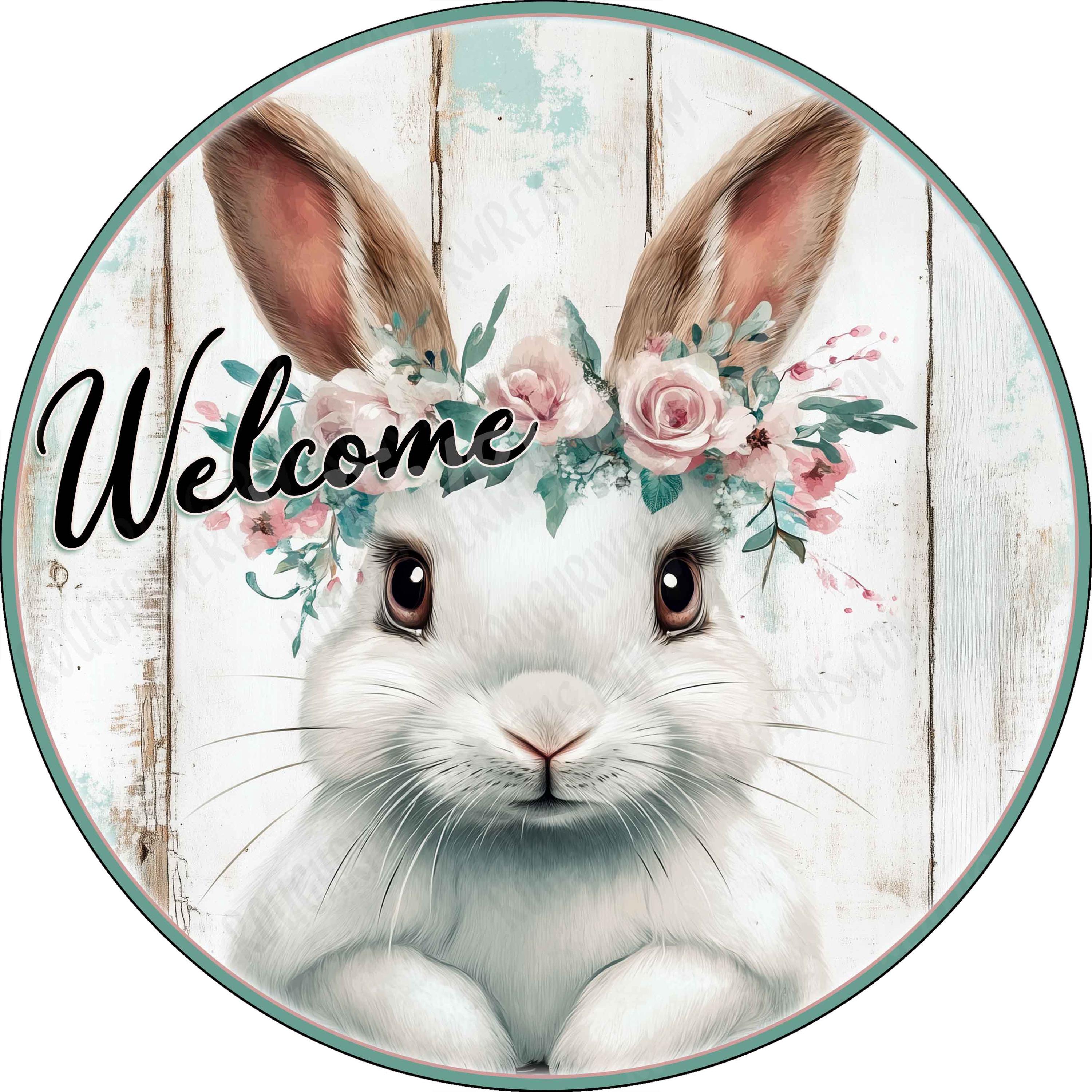 Rabbit Wearing Flower Crown Wreath Sign, White Rabbit Sign, Easter Sign ...