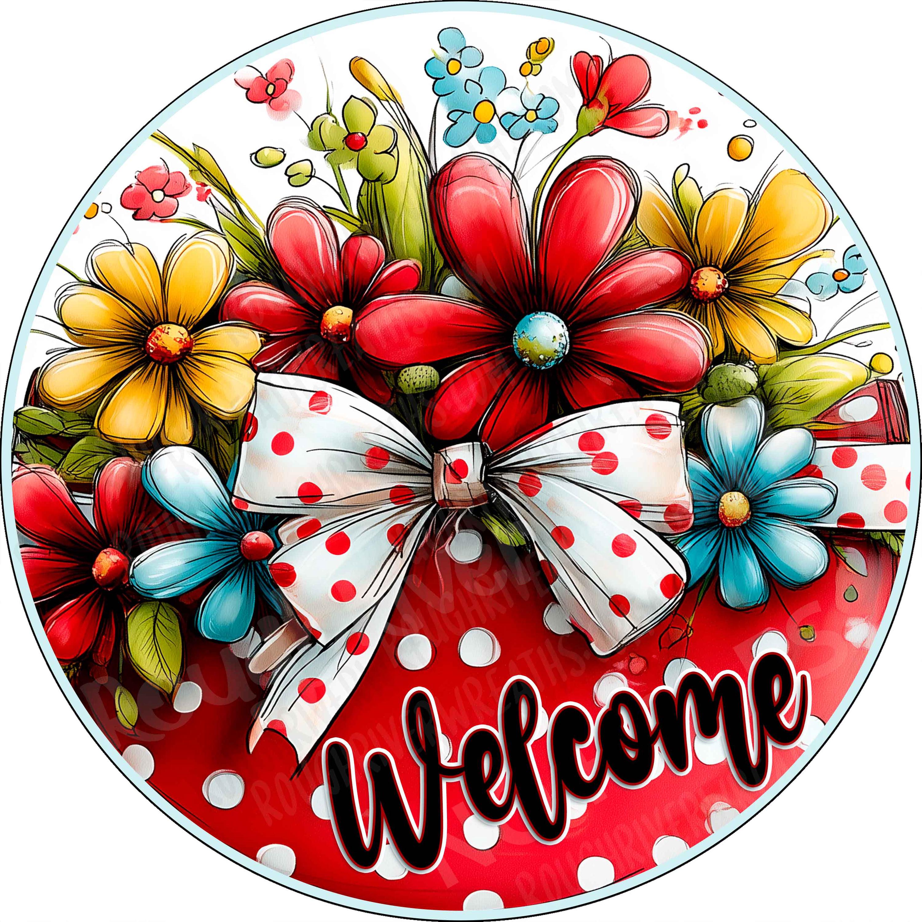 Polka Dot Daisy Aluminum Wreath Sign, Welcome, Flat-lightweight-no ...