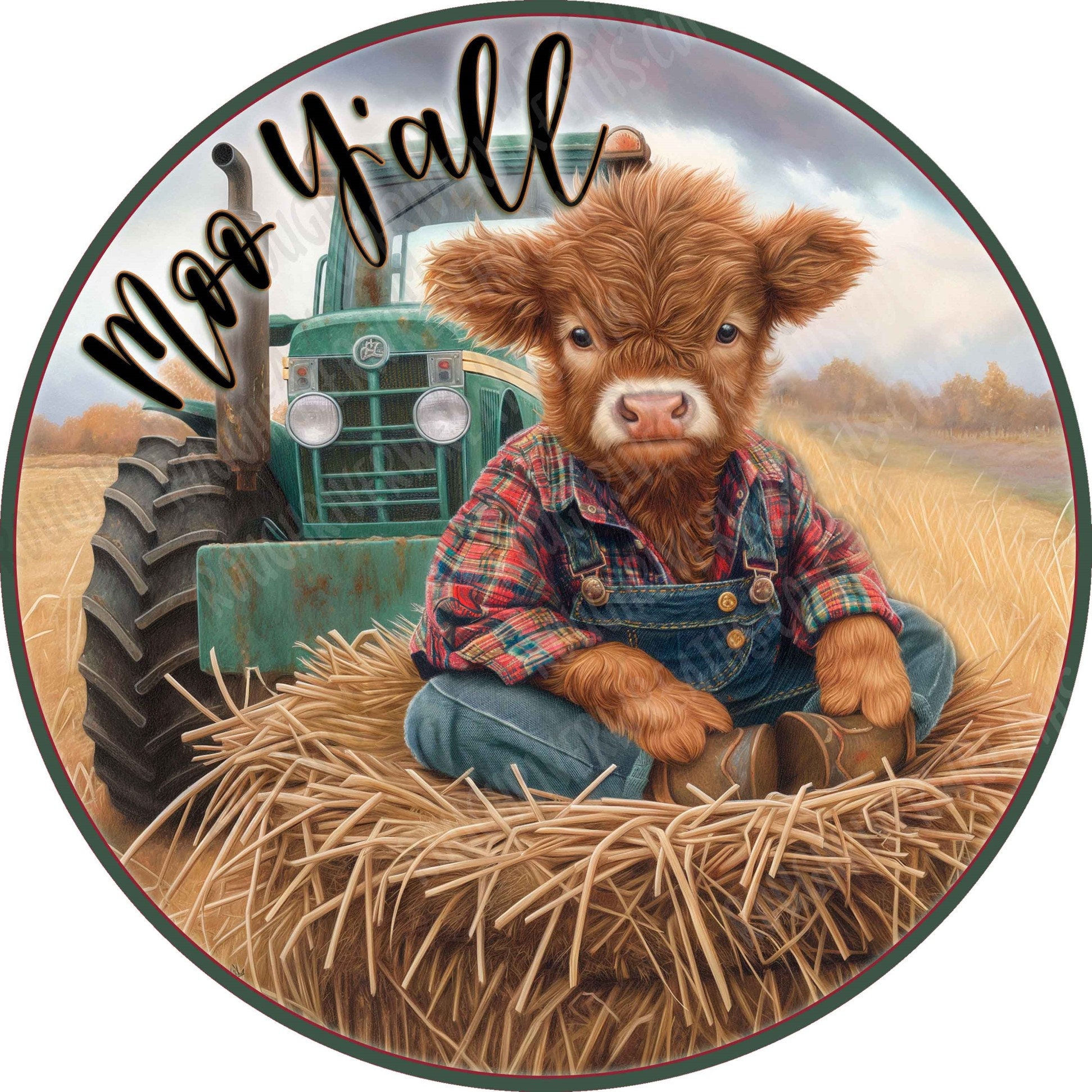 Highland Baby Cow Tractor Wreath Sign, Green Tractor Sign, Farmer Cow ...