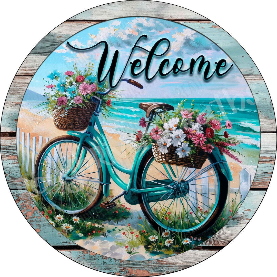 Bicycle Beach Wreath Sign, Coastal Welcome Wreath Sign, Blue Welcome ...