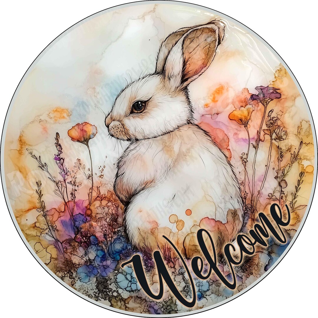 Cute White Rabbit Wreath Sign, Rabbit Flowers Sign, Easter Sign With ...