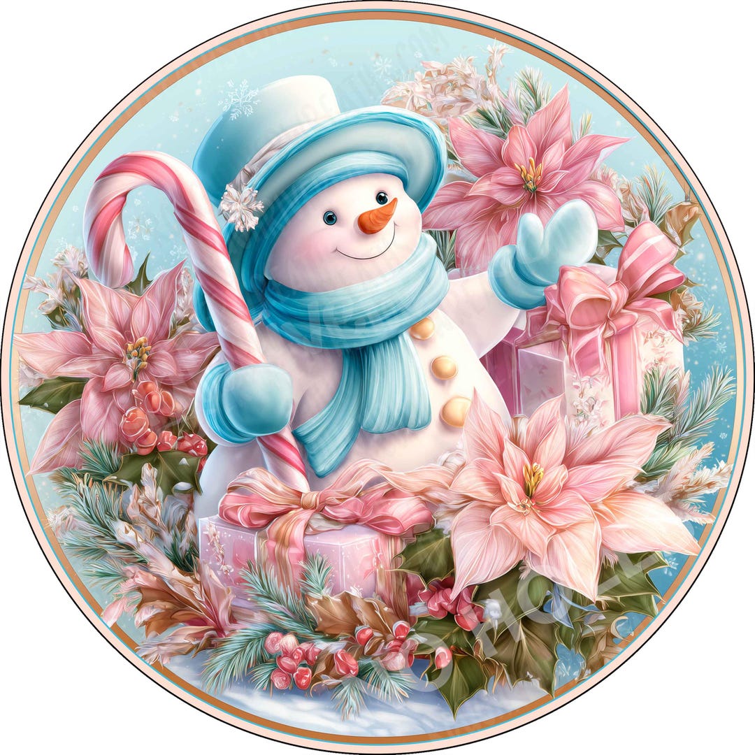 Cute Pastel Blue and Pink Snowman With Candy Cane Aluminum Wreath Sign ...