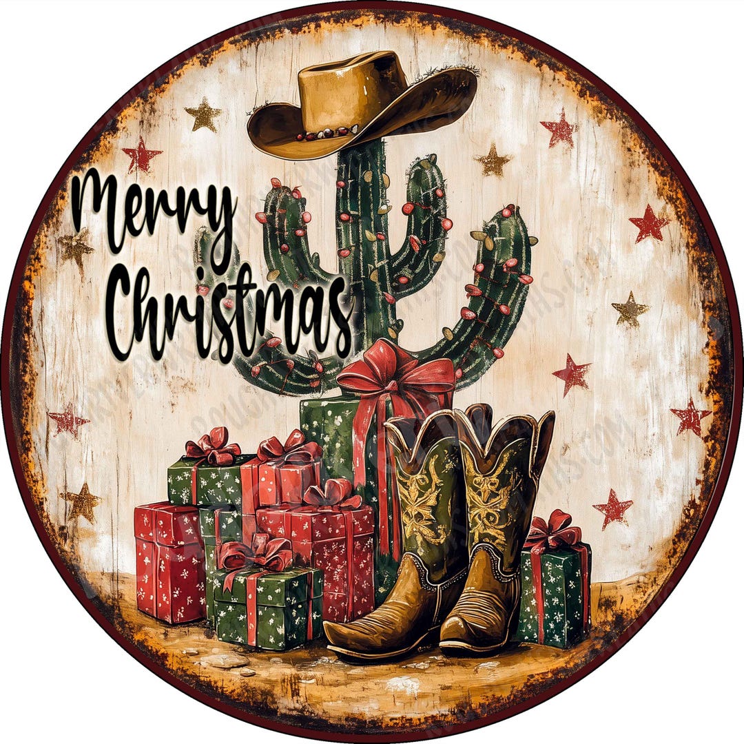 Western Christmas Wreath Sign, Southwest Christmas Cactus Wreath Sign ...