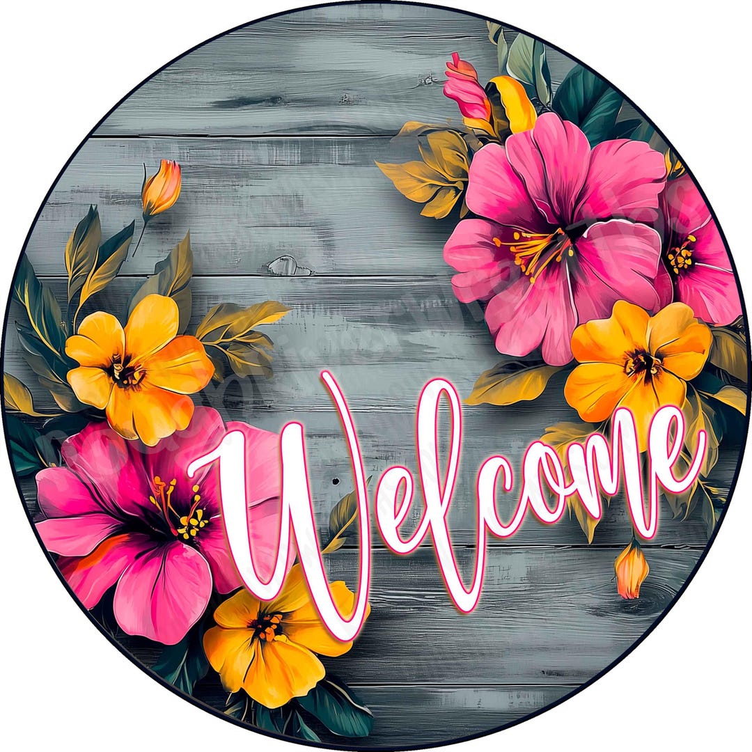 Pink and Yellow Flowers Wreath Sign, Floral Welcome Wreath Sign ...