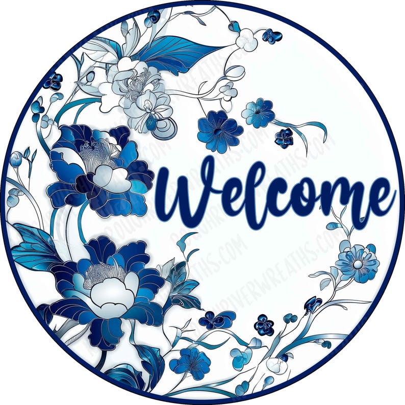 Blue Floral Welcome or Hello Wreath Sign, Colorful Welcome Wreath Sign ...