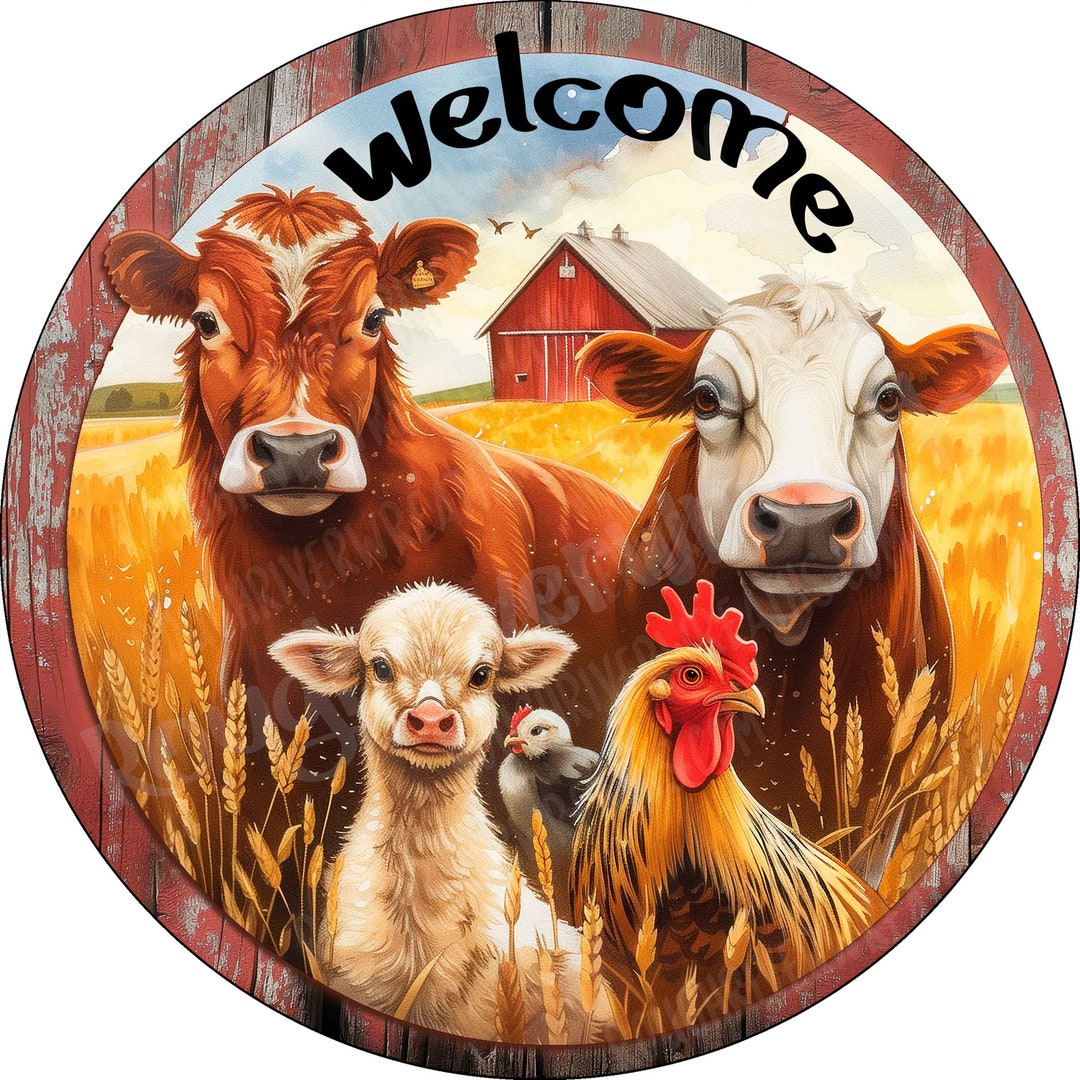 Farm Animals Wreath Sign, Rooster Sign, Cow Sign, Farm Decor, Baby Cow ...