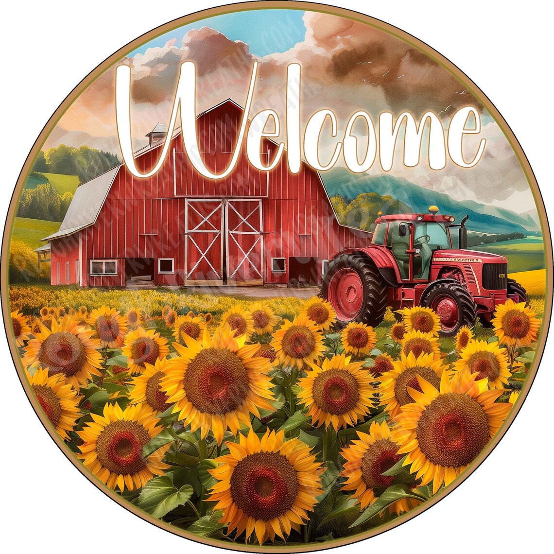 Tractor Wreath Sign, Red Tractor Sign, Sunflower Sign, Farm Decor ...