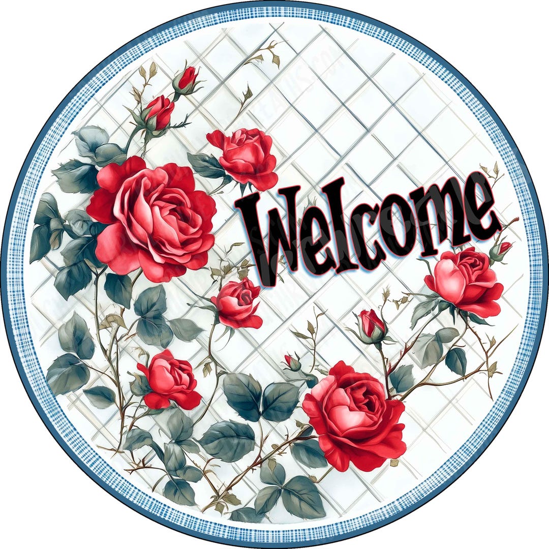Red Rose Lattice Welcome Sign, Red and Blue Trellis Wreath Sign ...