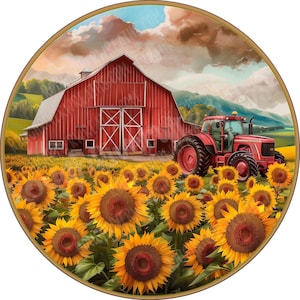 Tractor Wreath Sign, Red Tractor Sign, Sunflower Sign, Farm Decor ...