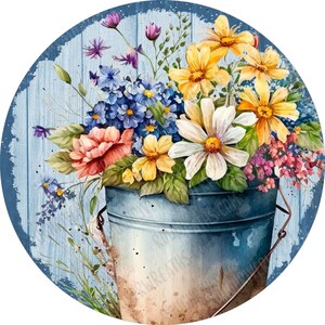 Flower Bucket Wreath Sign, Floral Welcome Wreath Sign, Colorful Welcome ...