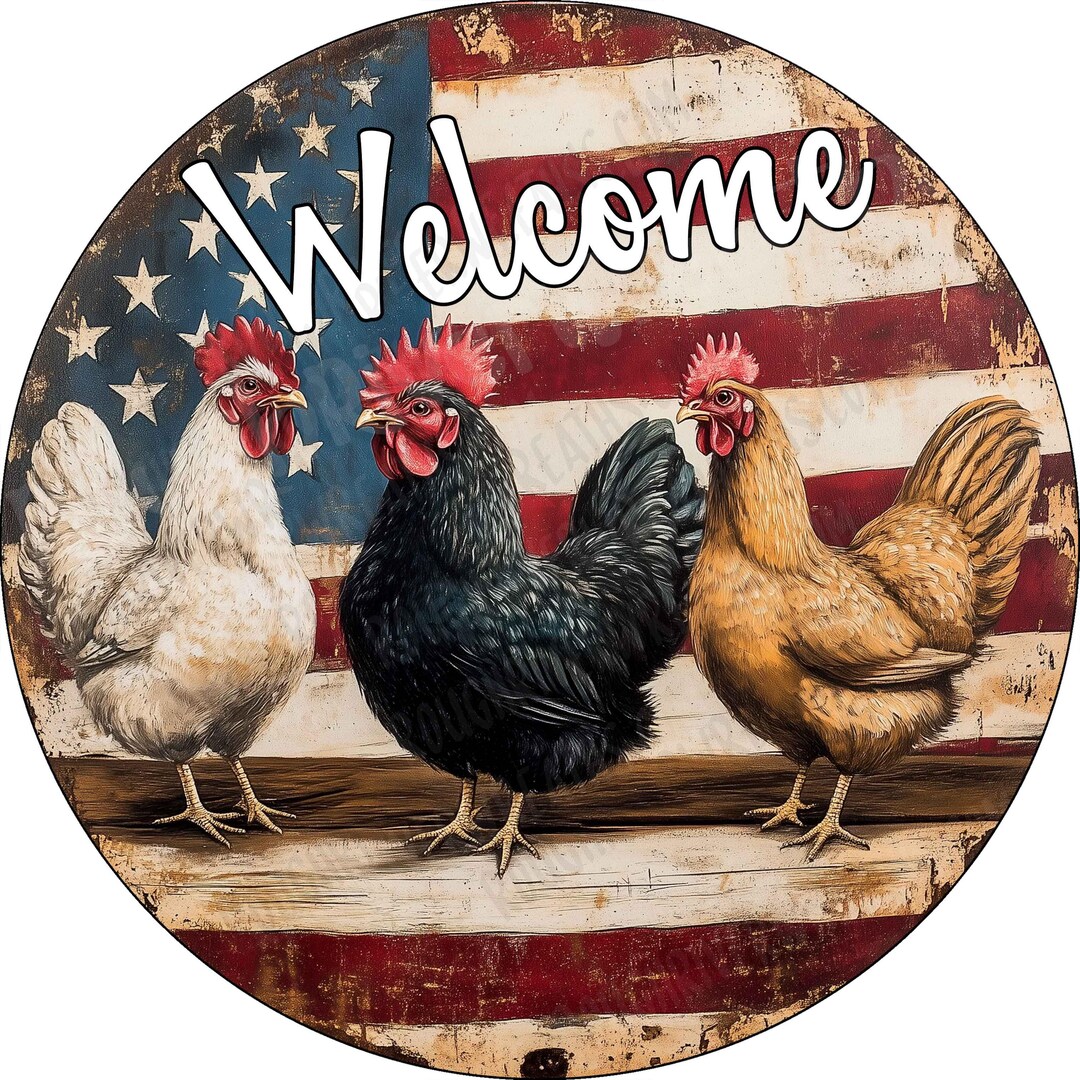 Chickens on Flag Wreath Sign, Patriotic Chicken Sign, Chicken Sign ...