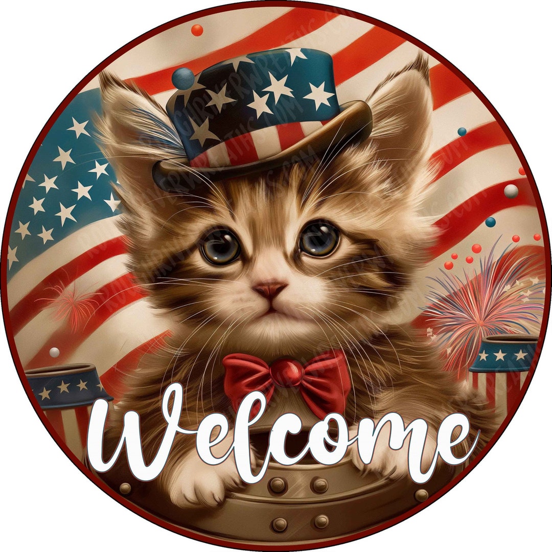 Kitten Wreath Sign, Patriotic Sign, Cat Sign, Flag Sign, Americana Sign ...