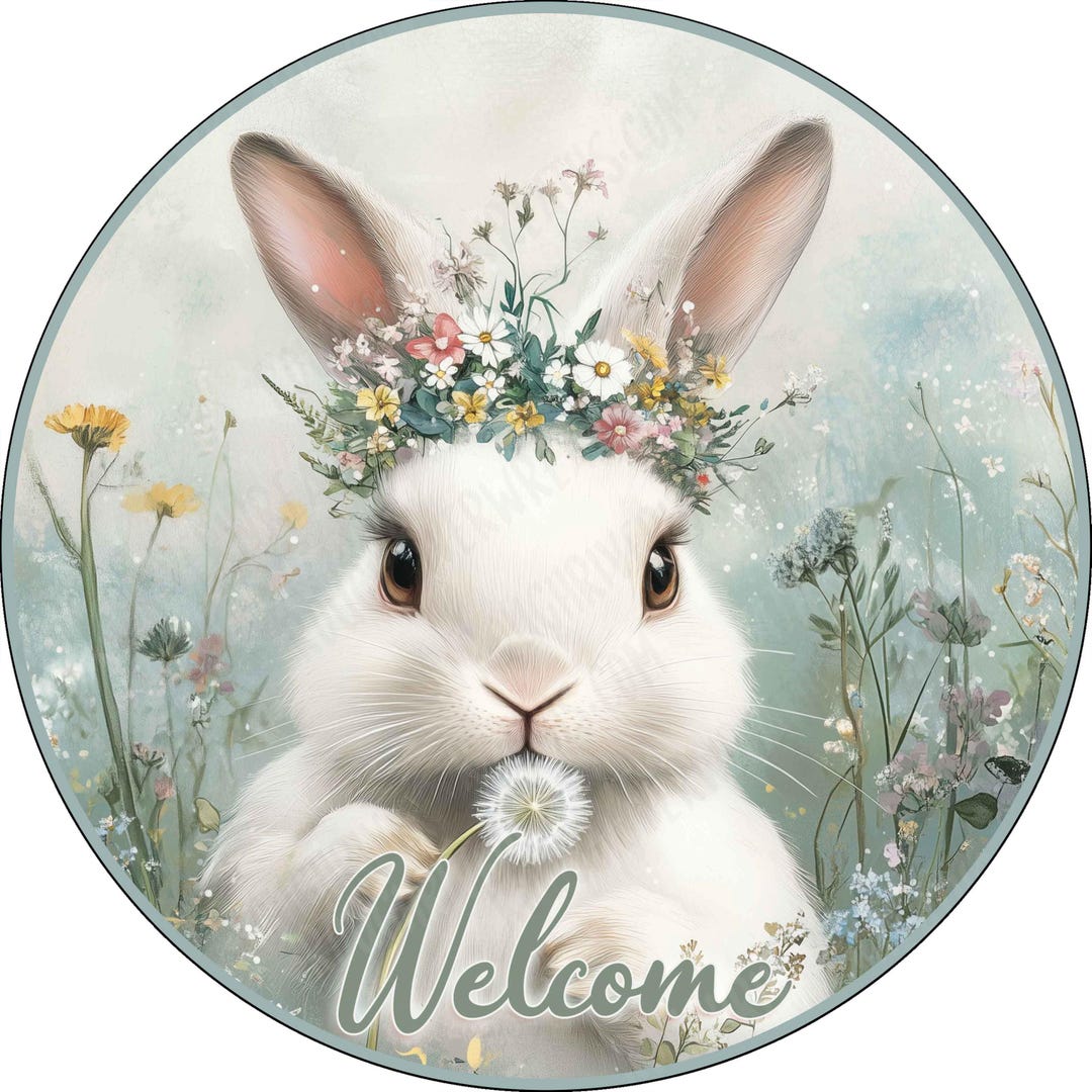 Rabbit With Dandelion Wreath Sign, White Rabbit Sign, Easter Sign With ...